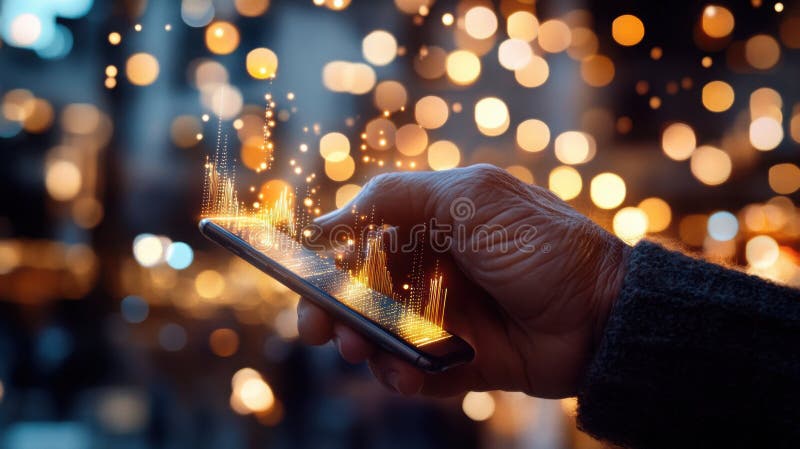 Glowing Data Stream Rising from a Smartphone Held by a Professional in ...