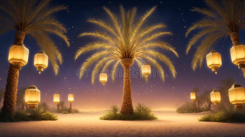 A Glowing Date Palm Tree with Leaves Forming Intricate Islamic Patterns ...