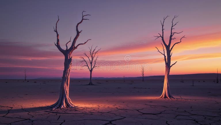 Glowing Dead Trees Sunset in Desolate Landscape Stock Image - Image of ...