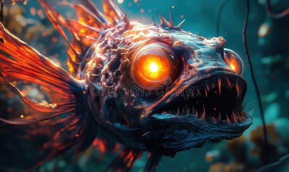 Glowing Deep-sea Fish with Fiery Eyes and Sharp Teeth in Underwater ...