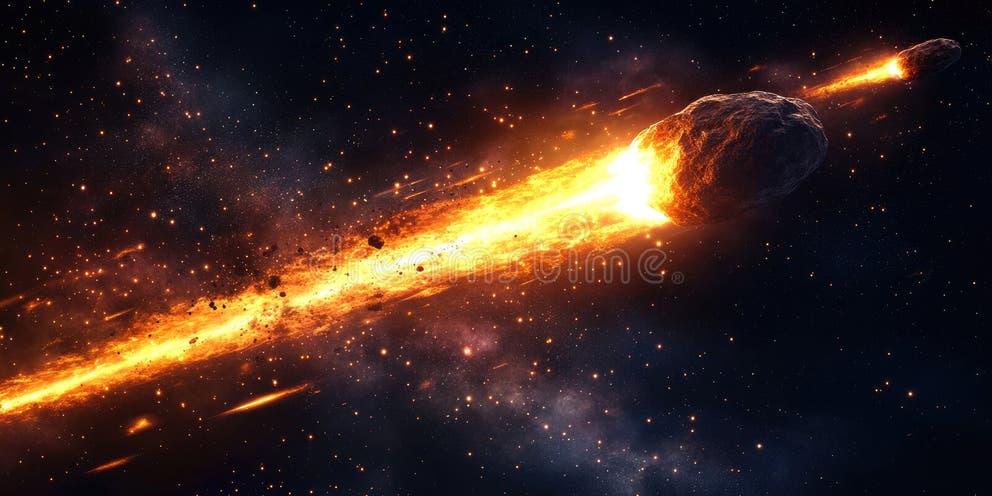 Glowing Deep-Space Asteroid Field with Cosmic Dust Trails Creating a Mysterious and Celestial ...