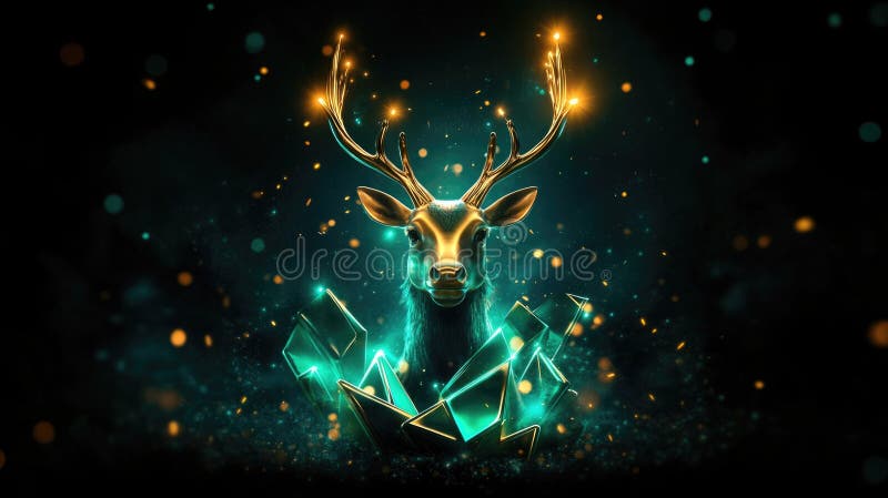 Glowing Deer with Illuminated Antlers Amidst Floating Geometric Shapes ...