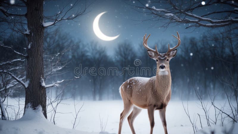 Glowing Deer in Magical Winter Forest at Night with Stars and Moon ...