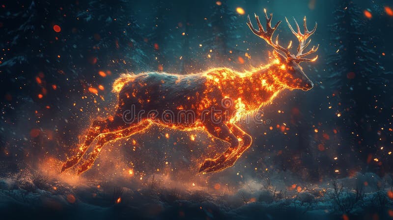 A Glowing Deer Runs through an Enchanted Forest, Emitting Sparks and ...
