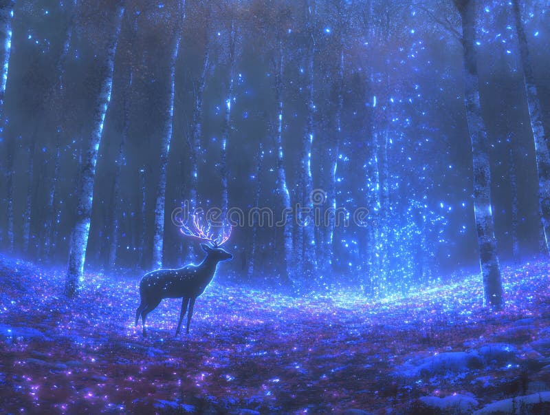 A Glowing Deer Standing in a Magical Forest Filled with Blue and Purple ...