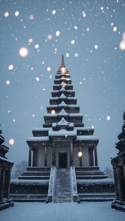 Glowing Delicate Snowflakes Falling Over an Ancient Temple in a Serene ...