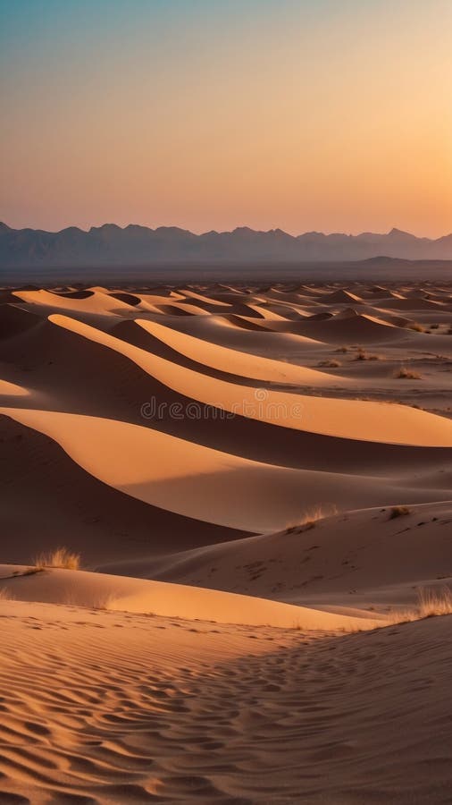 A Glowing Desert with Towering Sand Dunes Reflecting the Soft Light of ...