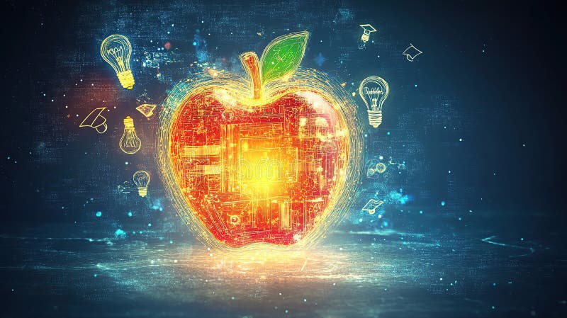 Glowing Digital Apple with Circuit Board Texture and Lightbulbs Stock ...