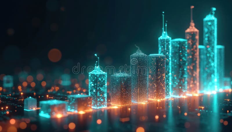 Glowing Digital Bar Chart Shows Tech Progress. Futuristic Columns ...