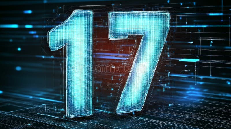 Glowing Digital Big 3D Number 17 Futuristic Style on Digital Abstract ...