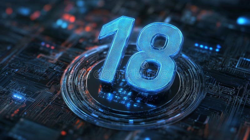 Glowing Digital Big 3D Number 18 in Futuristic Style on Digital ...