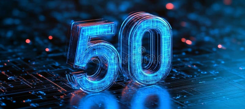 Glowing Digital BIG Number 50 Design on a Printed Circuit Board with a ...