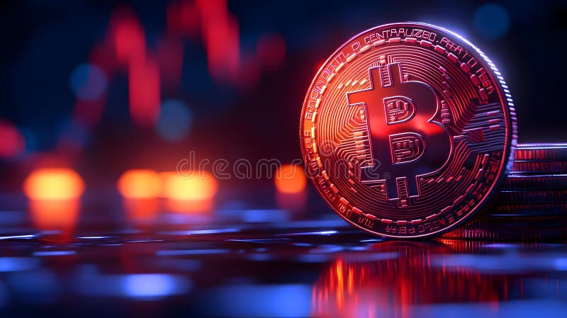 Glowing Digital Bitcoin Coin with Red and Blue Illumination and Virtual ...