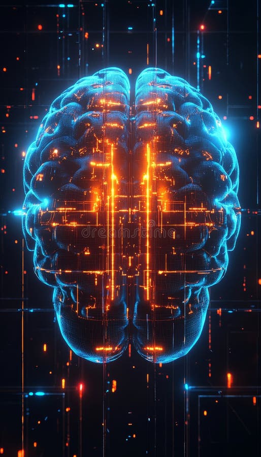 Glowing Digital Brain with Blue Light Trails and Orange Highlights on a ...