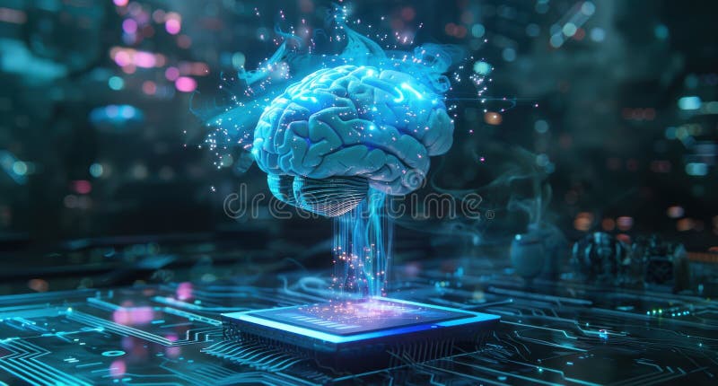 Glowing Digital Brain on Circuit Board Stock Illustration ...