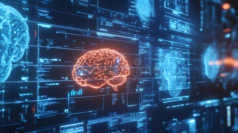 Glowing Digital Brain Data Visualization on Dark Background Stock Illustration - Illustration of ...