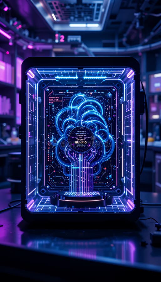 Glowing Digital Brain in Glass Cube Futuristic Technology Concept Stock Illustration ...