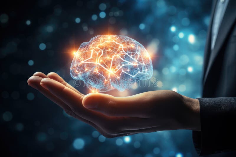 Glowing Digital Brain Hovering Above a Human Hand Stock Illustration ...