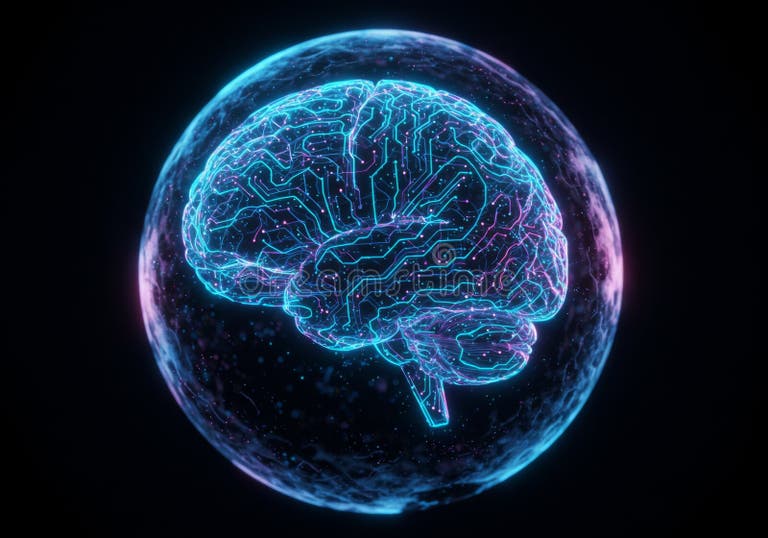 Glowing Digital Brain Inside Sphere Abstract Network Stock Illustration ...