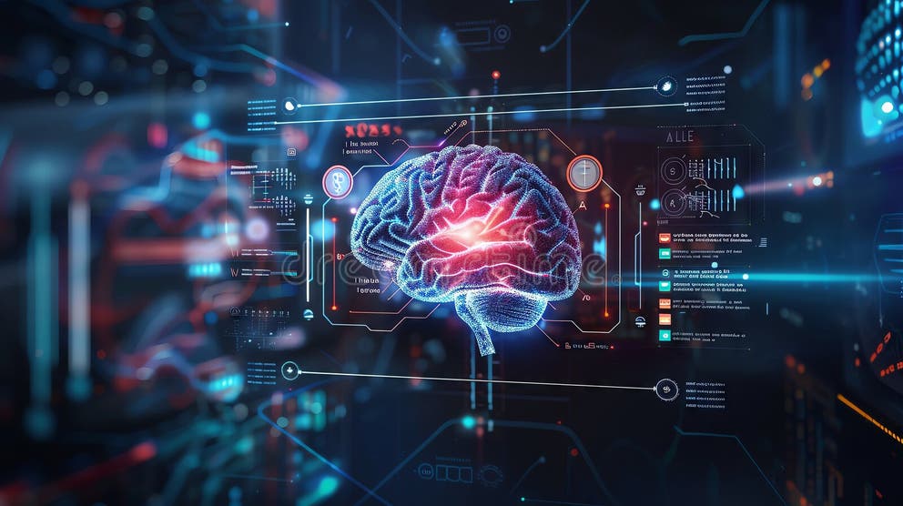 A Glowing, Digital Brain with a Red Highlighted Area on a Futuristic ...