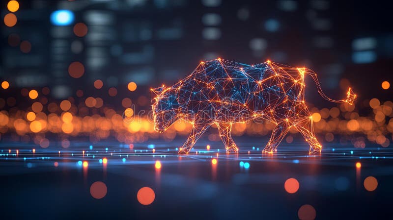 Glowing Digital Bull Made of Interconnected Lines and Nodes Stands ...