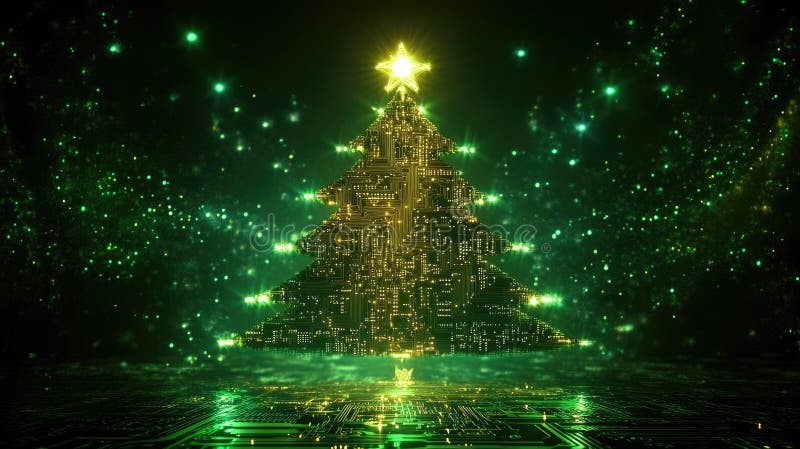 Glowing Digital Christmas Tree with Circuit Board Texture and Green ...