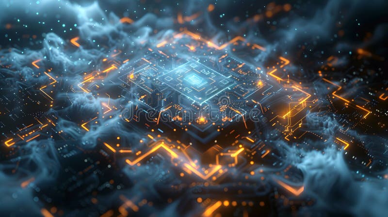 Futuristic Digital Circuit in a Cloudy Cyber Environment Stock Photo ...