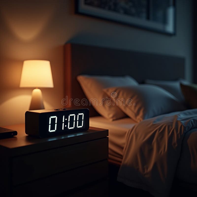 Glowing Digital Clock at 0100 on Nightstand Stock Illustration ...