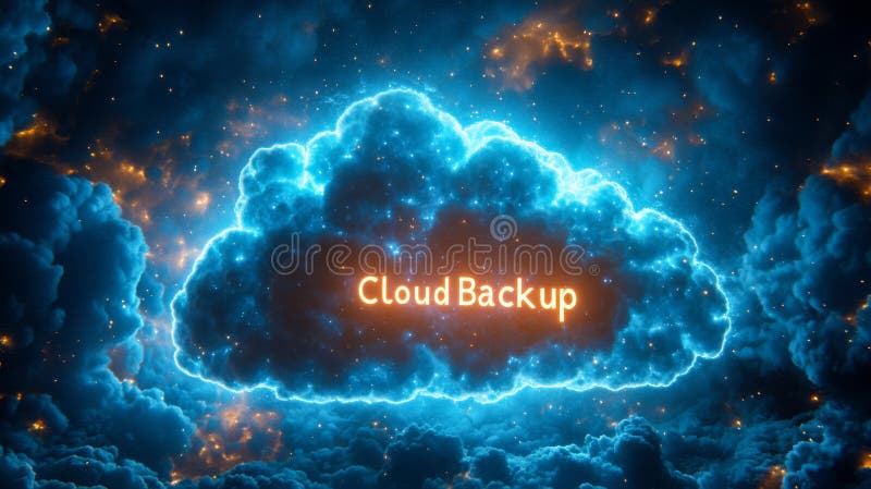 Glowing Digital Cloud with "cloud Backup" in Bright Starry Night Sky Stock Illustration ...