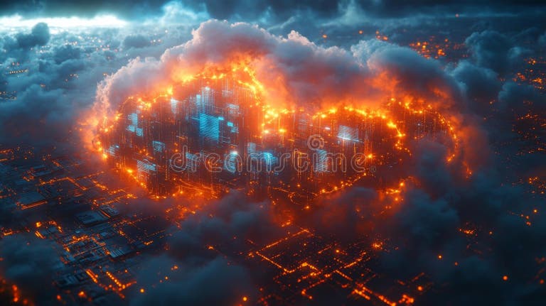 Glowing Digital Cloud Exploding Above a Tech-Powered City in Flames ...