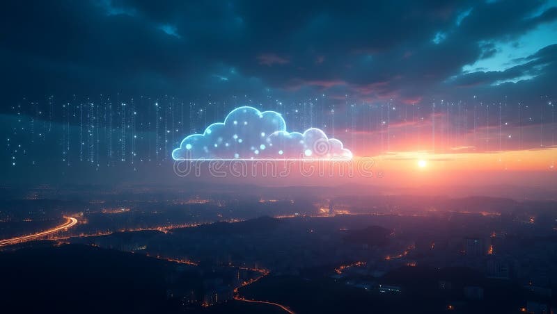 Glowing Digital Cloud Raining Data Over a Twilight Landscape of Cloud ...