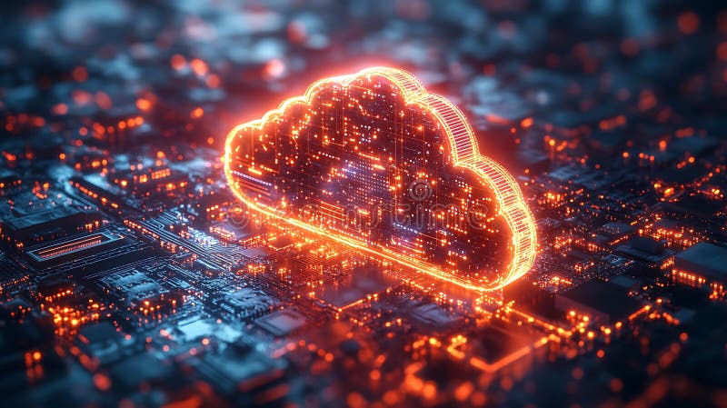 Glowing Digital Cloud Icon Hovering Above a Circuit Board, Symbolizing Cloud Stock Illustration ...