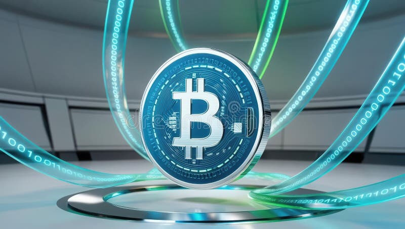 Glowing Digital Coin in High Tech Environment with Data Streams ...