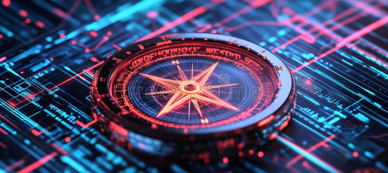 Glowing Digital Compass Navigating Complex Circuitry, Technology and ...