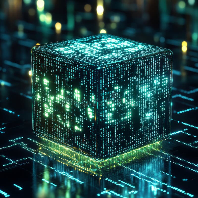 Glowing Digital Cube with Binary Code in a Futuristic Environment Stock Illustration ...