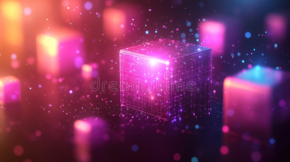 A Glowing, Digital Cube with a Complex Geometric Design Stock ...