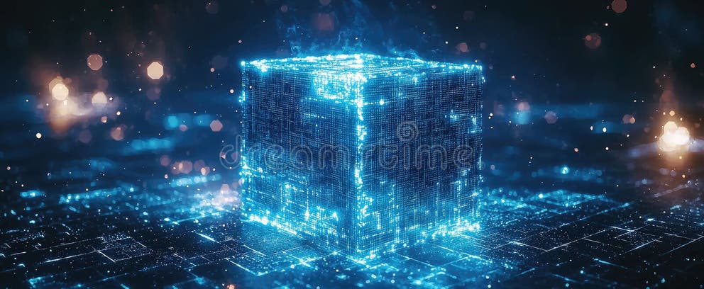 Glowing Digital Cube with Neon Lights in a Futuristic Cyber Environment ...