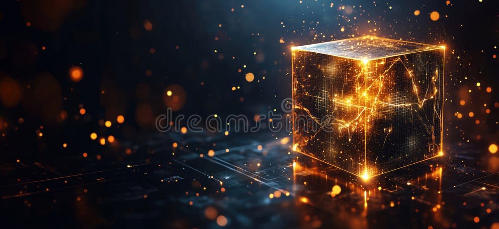 Glowing Digital Cube with Sparks and Particles in Futuristic Technology ...