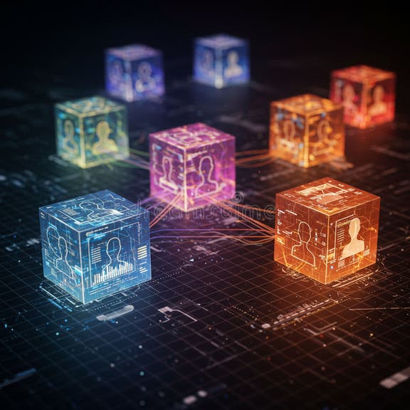 Glowing Digital Cubes Float Over a Grid-patterned Surface, Each ...