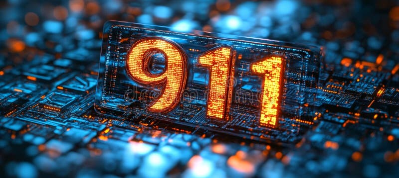 Glowing Digital 3D Number 911 on Circuit Board Representing Emergency ...