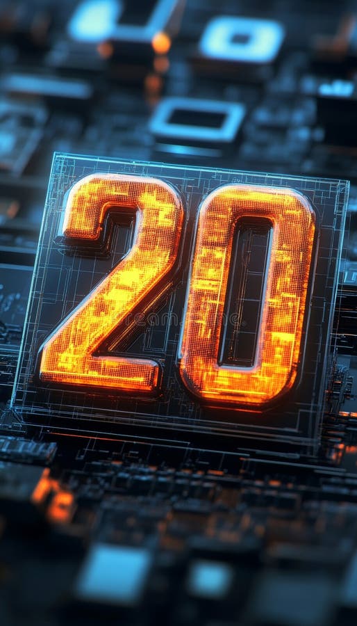Glowing Digital 3D Number 20 Design with Futuristic Texture on an ...