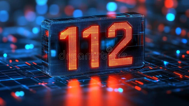 Glowing Digital 3D Number 112 Emergency Service Concept on Futuristic ...