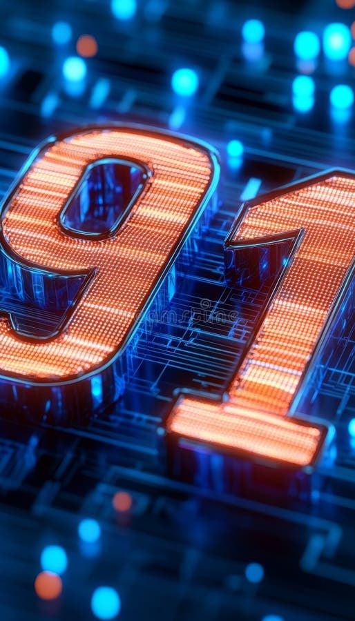 Glowing Digital 3D Number 911 on Futuristic Circuit Board Background ...