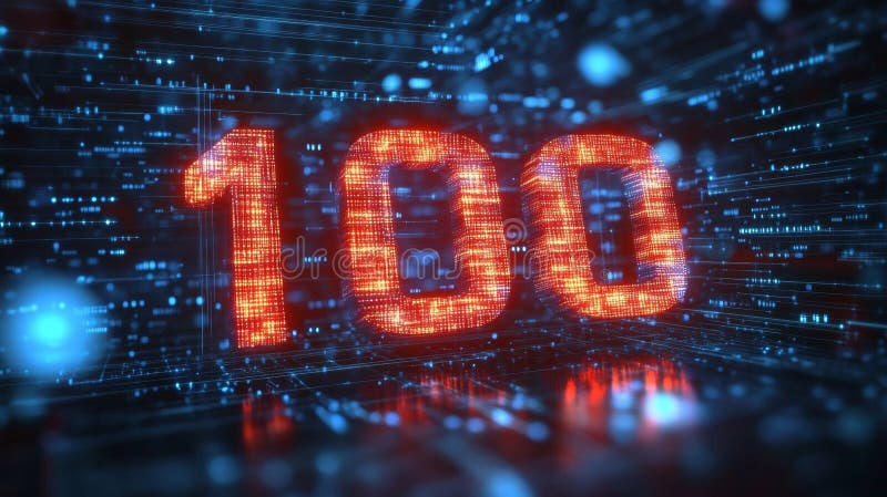 Glowing Digital 3D Number 100 in Futuristic Cyberspace Style on ...