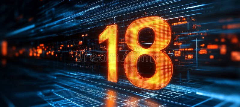 Glowing Digital 3D Number 18 in Futuristic Style on an Abstract ...