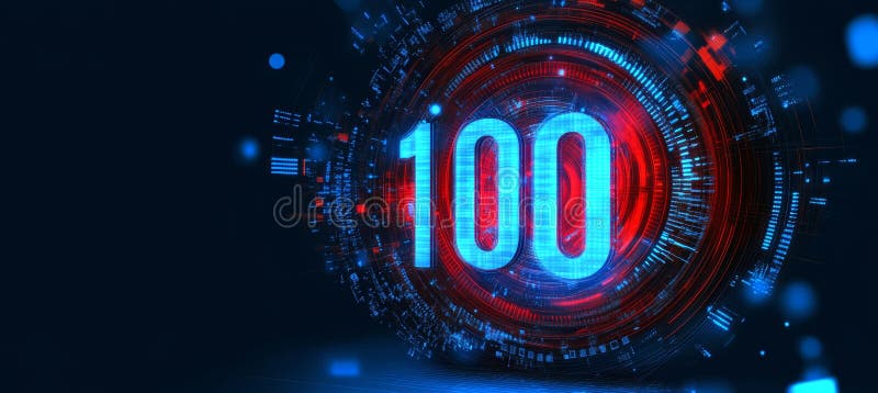 Glowing Digital 3D Number 100 in Futuristic Style with a Digital ...
