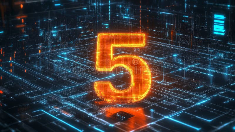Glowing Digital 3D Number 5 in Futuristic Style. Big Five on Digital ...