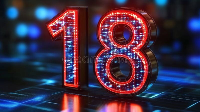 Glowing Digital 3D Number 18 in Futuristic Style on Dark Blue ...