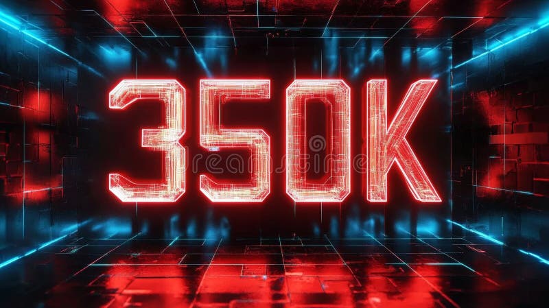 A Glowing Digital 3D Number 350K in Futuristic Style with Grids on a ...