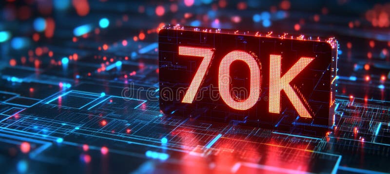 Glowing Digital 3D Number 70K on Futuristic Technology Background with ...